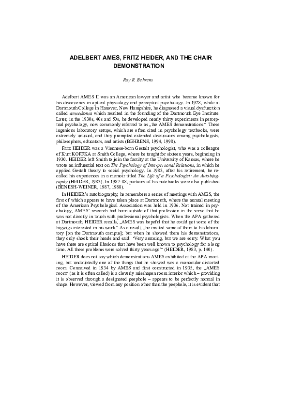 (PDF) Adelbert Ames, Fritz Heider, and the Chair Demonstration