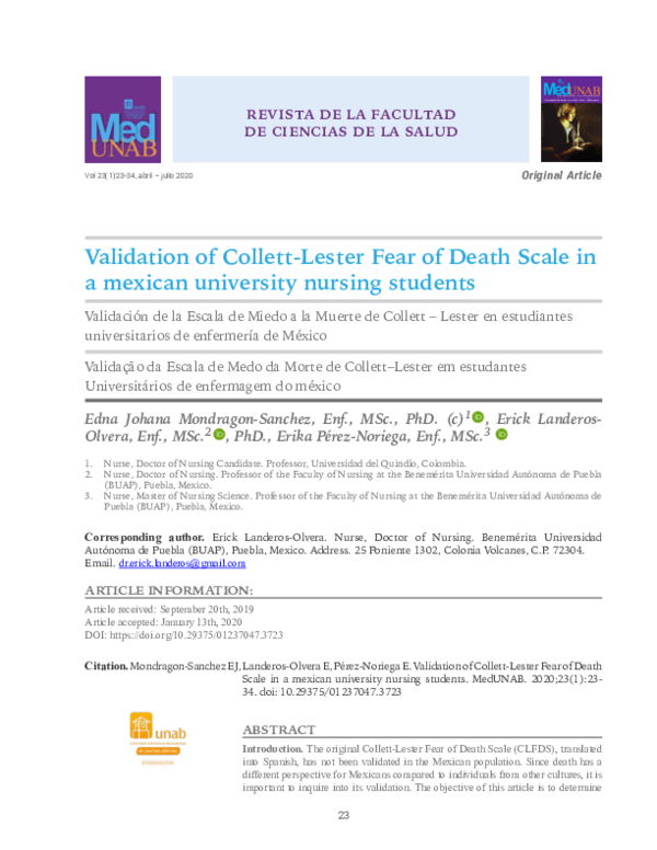 (PDF) Validation of Collett-Lester Fear of Death Scale in a mexican ...