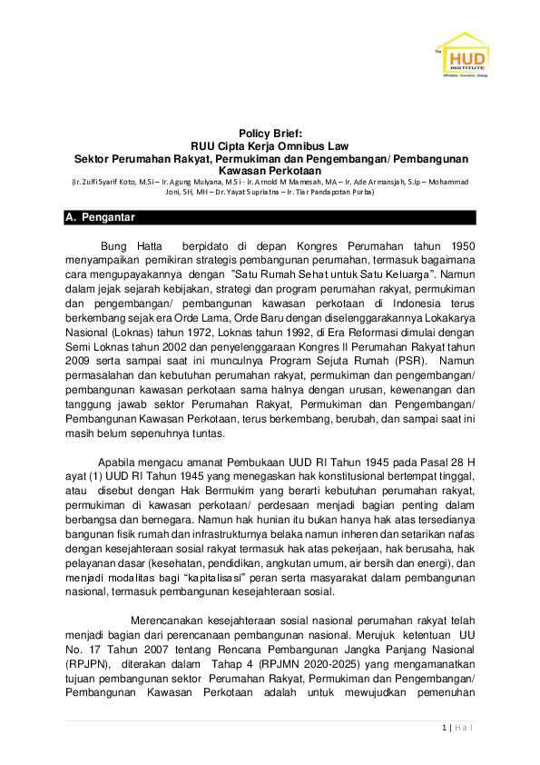 (PDF) Pandangan HUD Institute terhadap Rancangan Undang Undang Cipta ...