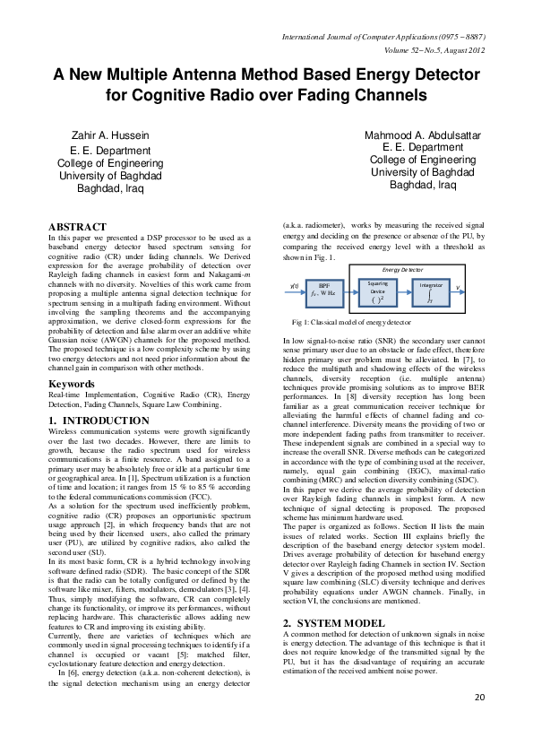 (PDF) A New Multiple Antenna Method Based Energy Detector for Cognitive Radio over Fading Channels