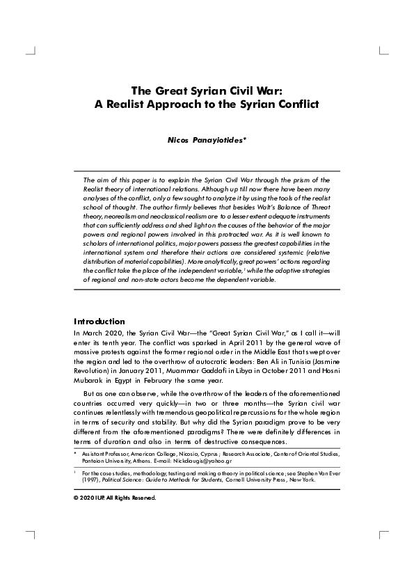(PDF) The Great Syrian Civil War: A Realist Approach to the Syrian Conflict