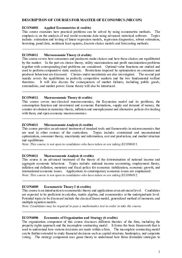 (PDF) DESCRIPTION OF COURSES FOR MASTER OF ECONOMICS (MECON