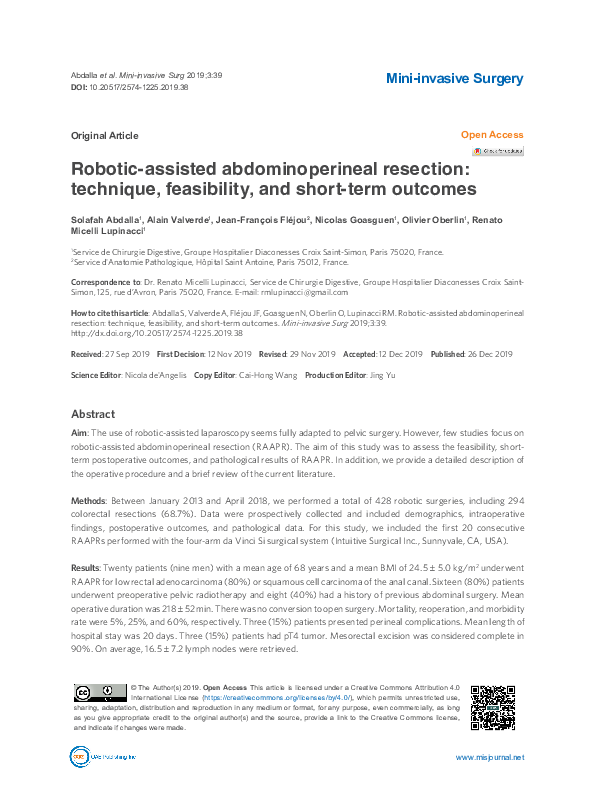 Pdf Robotic Assisted Abdominoperineal Resection Technique Feasibility And Short Term Outcomes