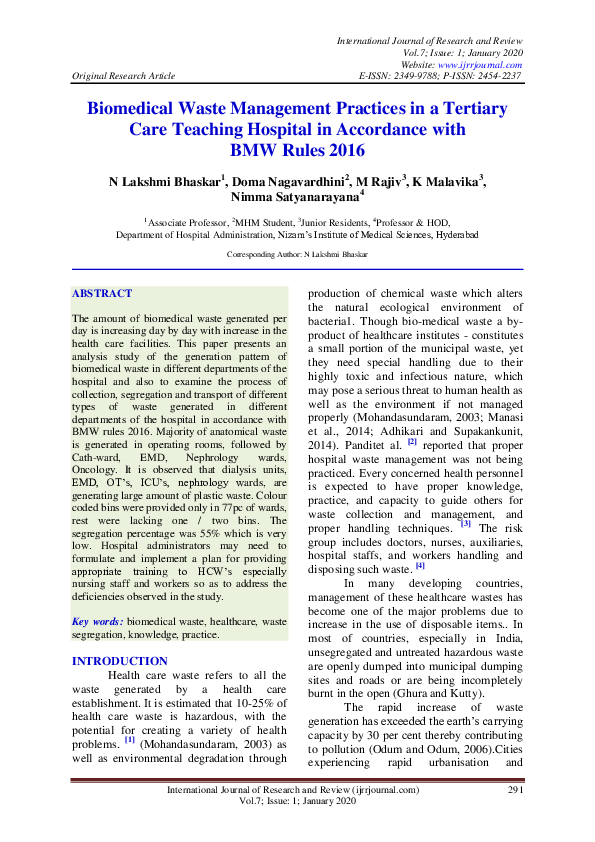 (PDF) Biomedical Waste Management Practices in a Tertiary Care Teaching ...
