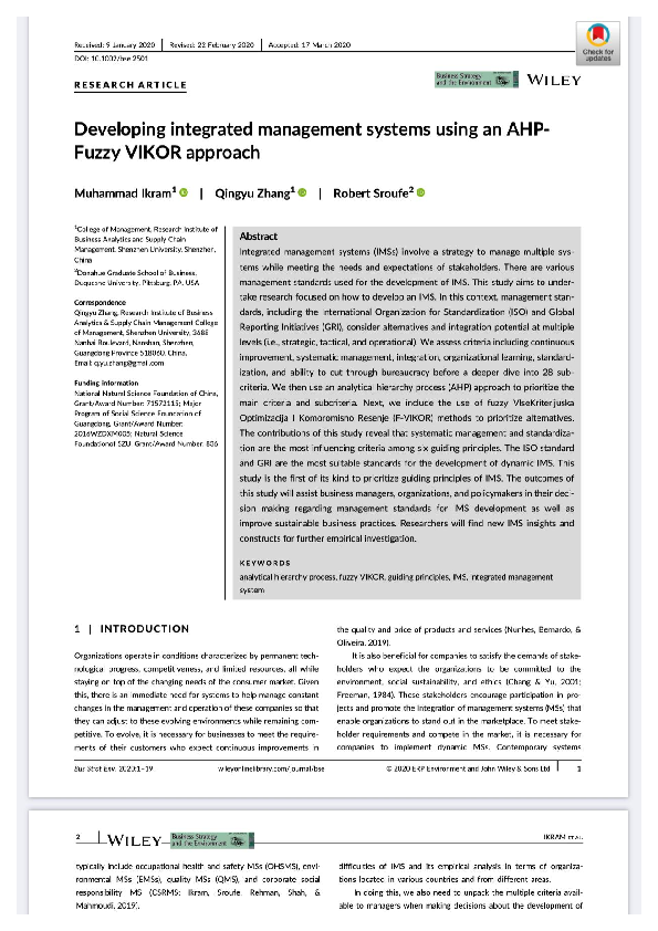 Pdf Developing Integrated Management Systems Using An Ahp‐fuzzy Vikor