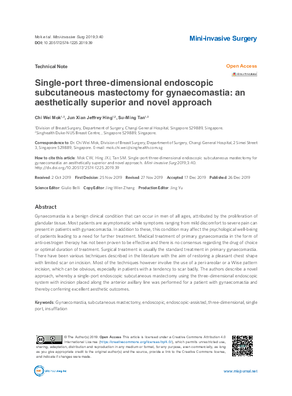 (PDF) Single-port three-dimensional endoscopic subcutaneous mastectomy ...