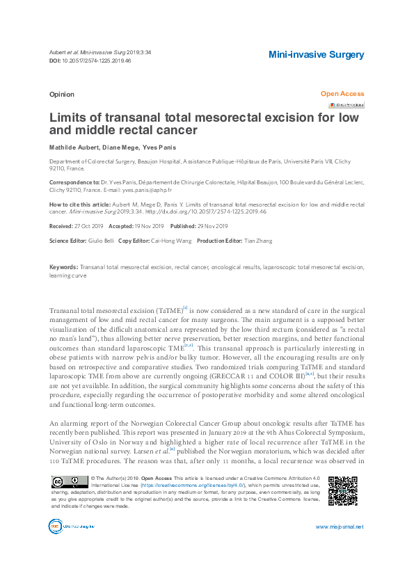 (PDF) Limits of transanal total mesorectal excision for low and middle rectal cancer