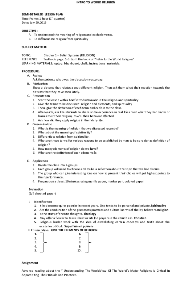 (DOC) INTRO TO WORLD RELIGION SEMI-DETAILED LESSON PLAN Time Frame: 1 ...