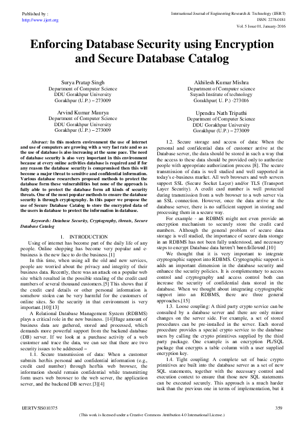 Pdf Ijert Enforcing Database Security Using Encryption And Secure Database Catalog Ijert
