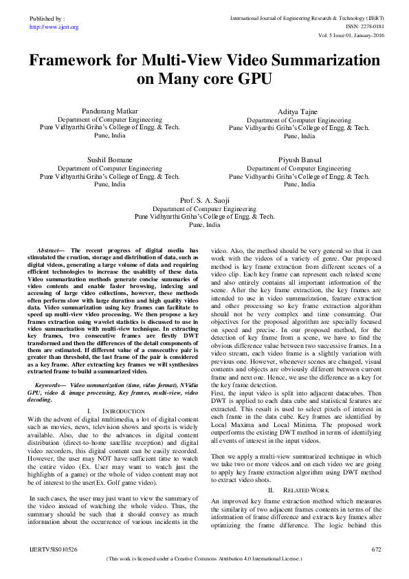 (PDF) IJERT-Framework for Multi-View Video Summarization on Many core GPU