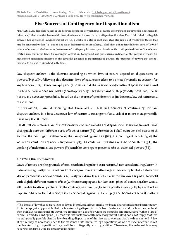 (PDF) Five Sources of Contingency for Dispositionalism