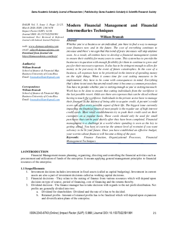 (PDF) Modern Financial Management and Financial Intermediaries Techniques