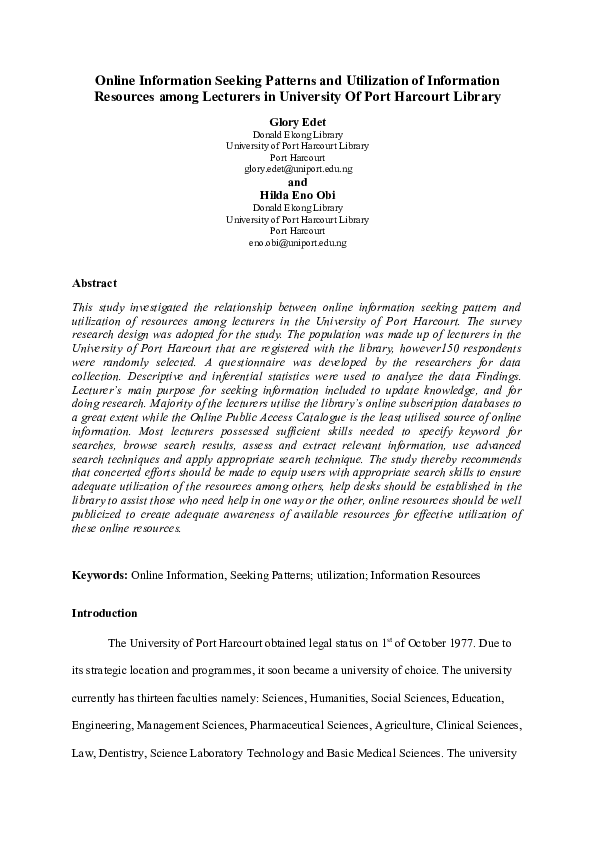 (DOC) ONLINE INFORMATION SEEKING PATTERNS AND UTILIZATION OF ...