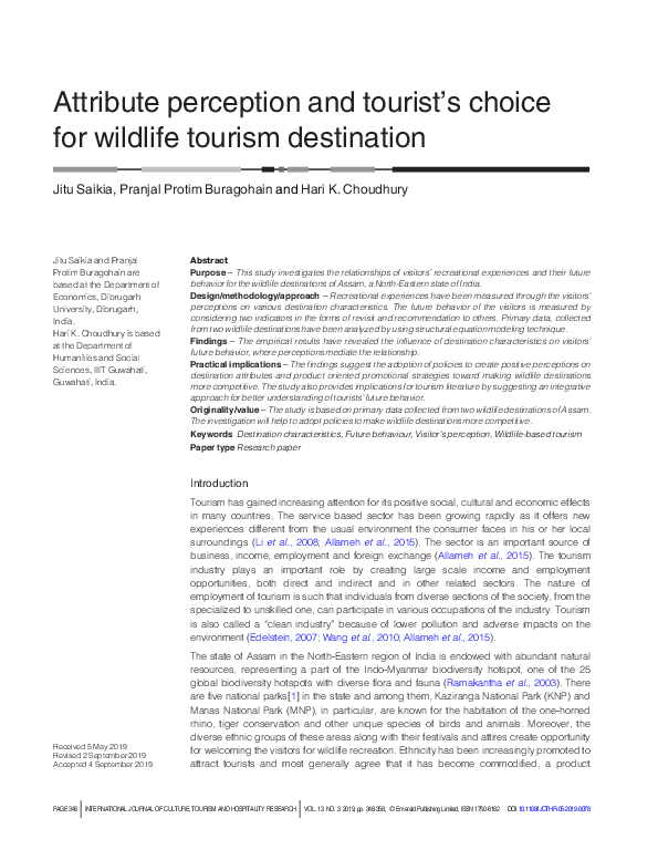 (PDF) Attribute perception and tourist's choice for wildlife tourism ...