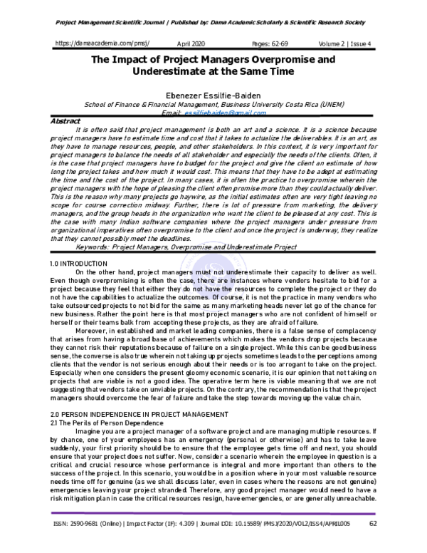 (PDF) The Impact of Project Managers Overpromise and Underestimate at ...