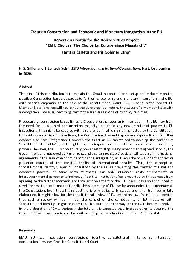 (PDF) Croatian Constitution and Economic and Monetary Integration in ...