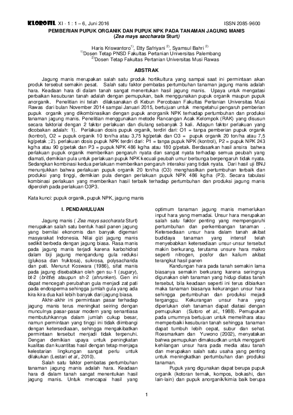 (PDF) PEMBERIAN PUPUK ORGANIK DAN PUPUK NPK PADA TANAMAN JAGUNG MANIS (Zea mays saccharata Sturt