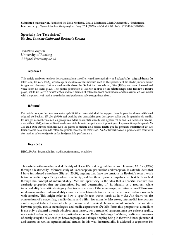 (PDF) Specially for Television: "Eh Joe", Intermediality and Beckett's ...