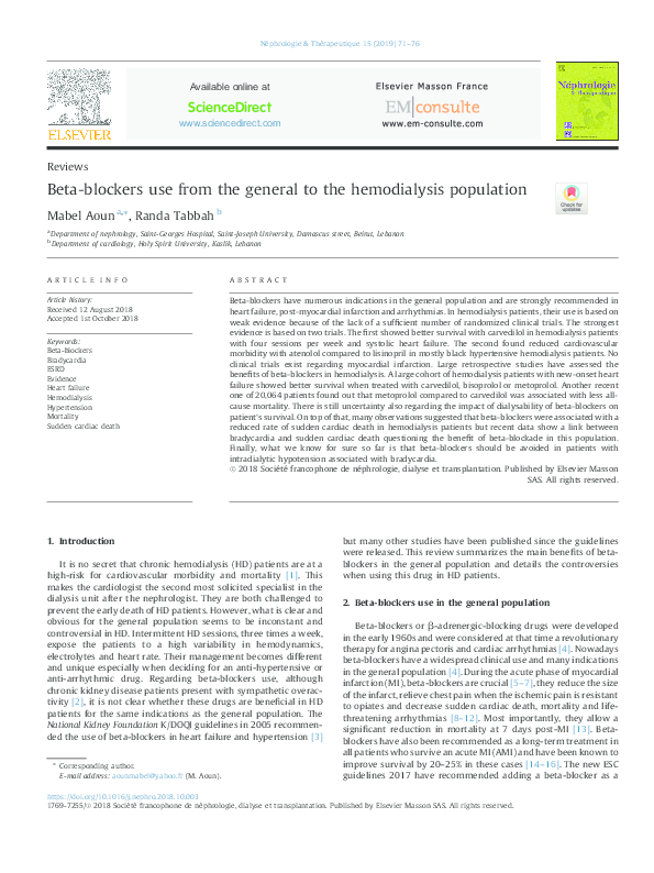 (PDF) Beta-blockers use from the general to the hemodialysis population