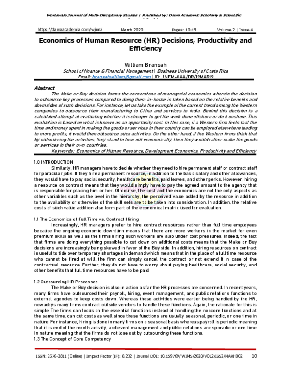 (PDF) Economics of Human Resource (HR) Decisions, Productivity and ...