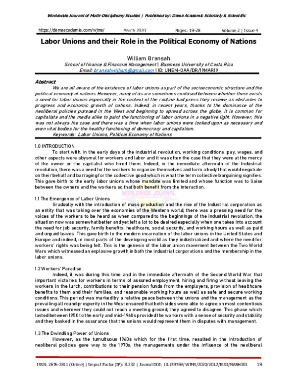 (PDF) Labor Unions and their Role in the Political Economy of Nations