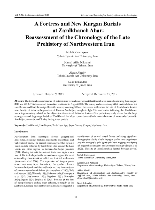 (PDF) A Fortress and New Kurgan Burials at Zardkhaneh Ahar: Reassessment of the Chronology of ...