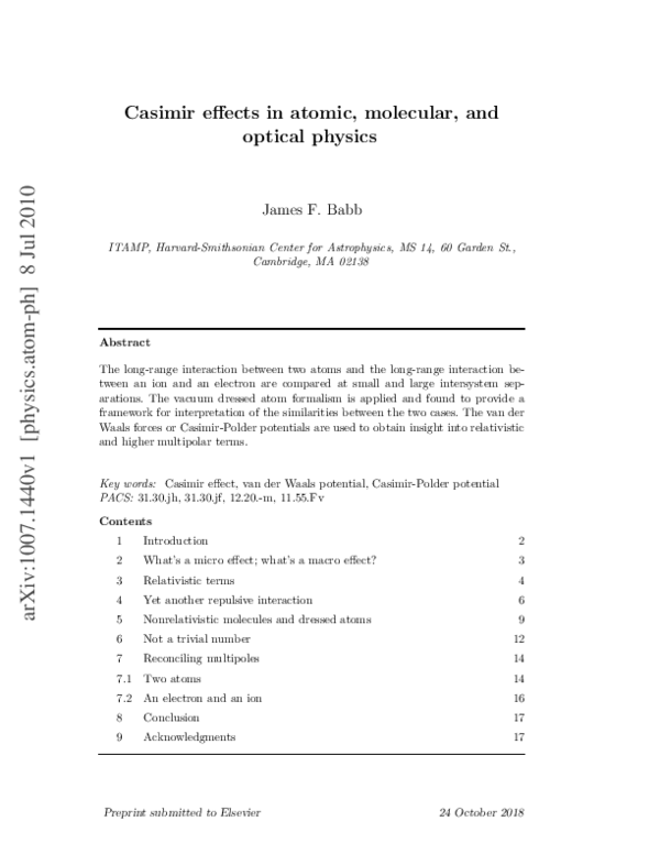 (PDF) Casimir Effects in Atomic, Molecular, and Optical Physics