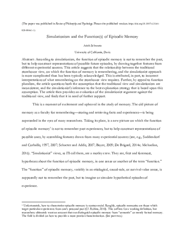 (PDF) Simulationism and The Function(s) of Episodic Memory