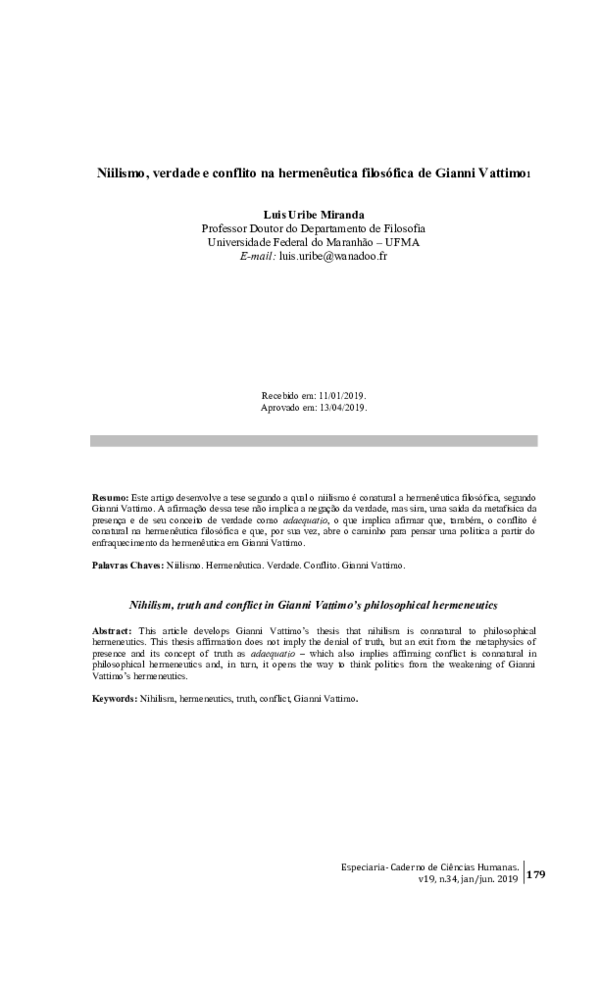 (PDF) Niilismo, verdade e conflito na hermenêutica filosófica de Gianni ...