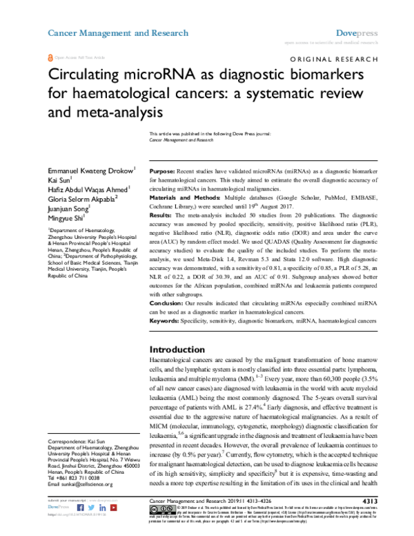 (PDF) Circulating microRNA as diagnostic biomarkers for haematological ...