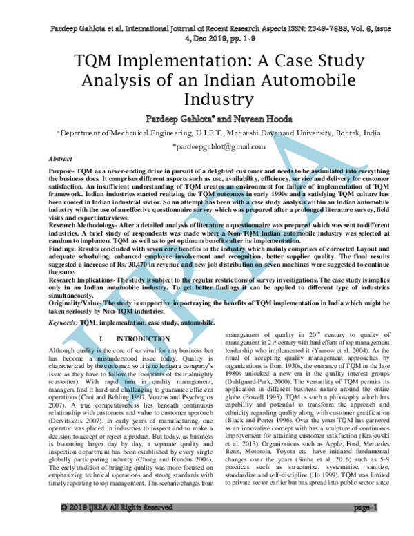 (PDF) TQM Implementation: A Case Study Analysis of an Indian Automobile ...