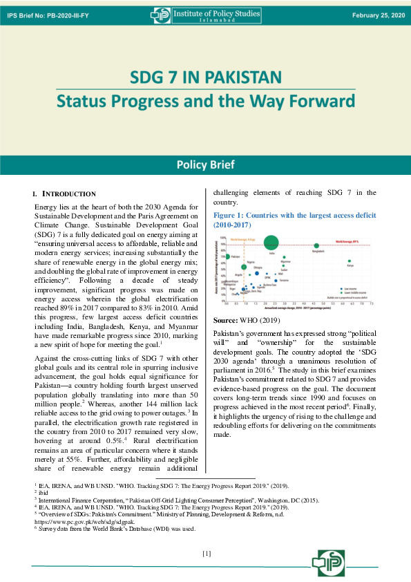 (PDF) SDG 7 IN PAKISTAN : STATUS,PROGRESS AND WAY FORWARD