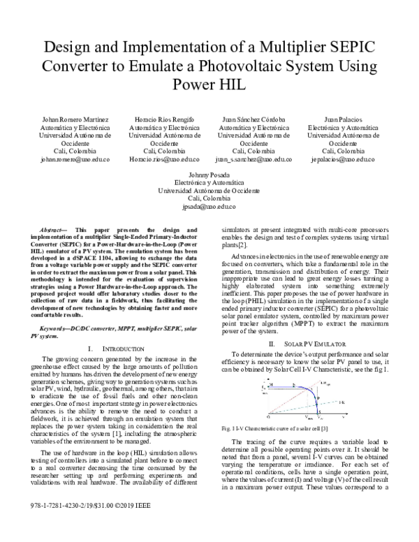 (PDF) Design and Implementation of a Multiplier SEPIC Converter to Emulate a Photovoltaic System ...