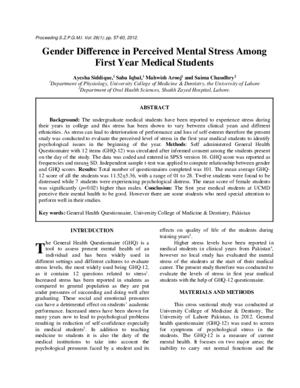 (PDF) Gender Difference in Perceived Mental Stress Among First Year ...