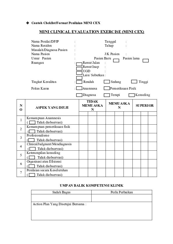 (DOC) FORMAT PENILAIAN MINI CEX (CHEKLIST)