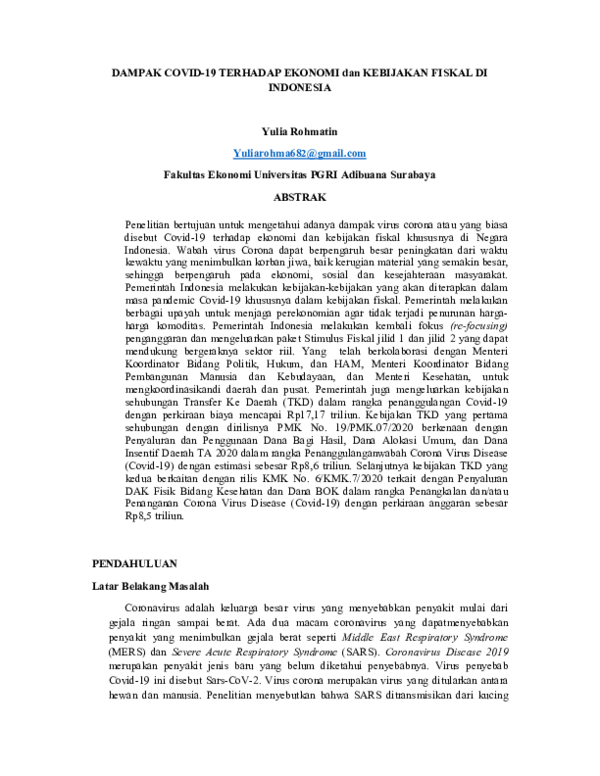 (PDF) DAMPAK COVID-19 TERHADAP EKONOMI dan KEBIJAKAN FISKAL DI INDONESIA