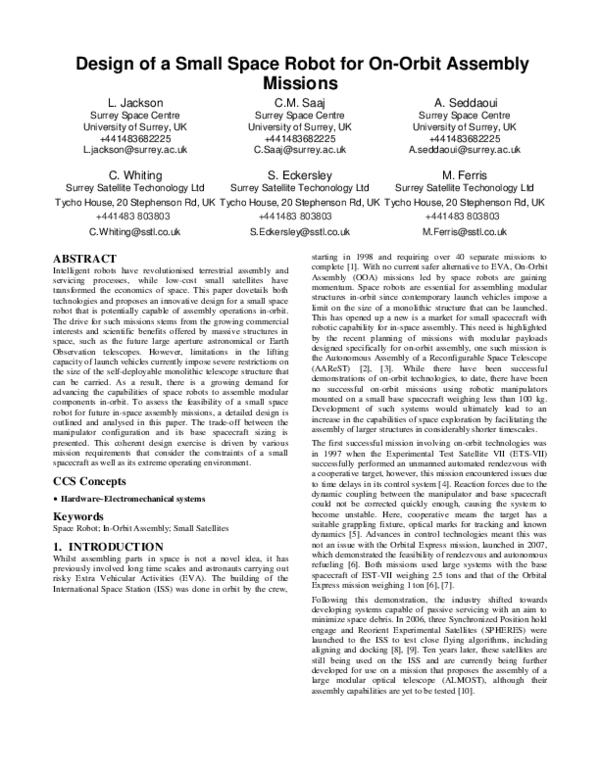 (PDF) Design of a Small Space Robot for On-Orbit Assembly Missions
