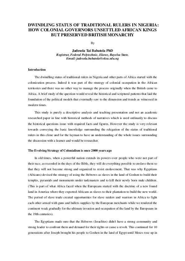 (PDF) DWINDLING STATUS OF TRADITIONAL RULERS IN NIGERIA: HOW COLONIAL ...