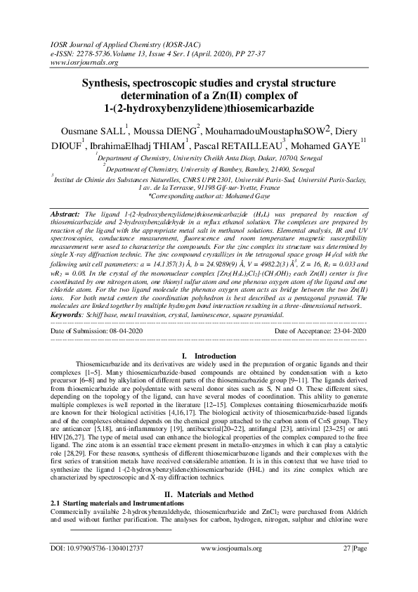 (PDF) Synthesis, spectroscopic studies and crystal structure determination of a Zn(II) complex ...