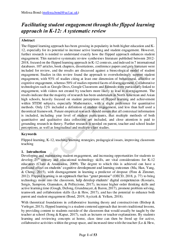 (PDF) Facilitating student engagement through the flipped learning approach in K-12: A ...
