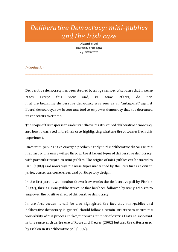 (PDF) Deliberative Democracy: mini-publics and the Irish case