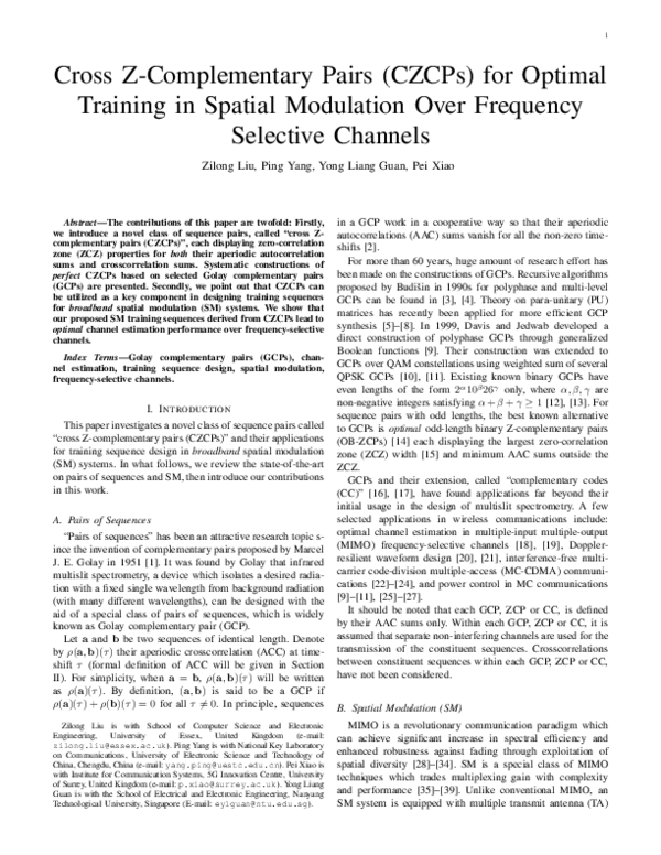 Pdf Cross Z Complementary Pairs Czcps For Optimal Training In Spatial Modulation Over