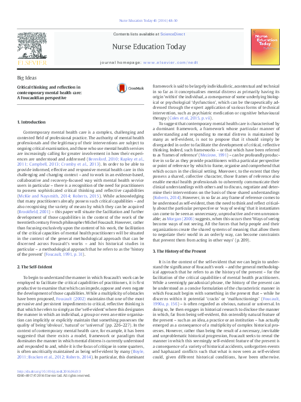 (PDF) Critical thinking and reflection in contemporary mental health ...