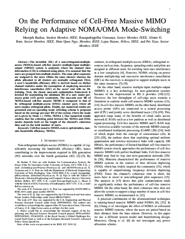 (PDF) On the Performance of Cell-Free Massive MIMO Relying on Adaptive NOMA/OMA Mode-Switching