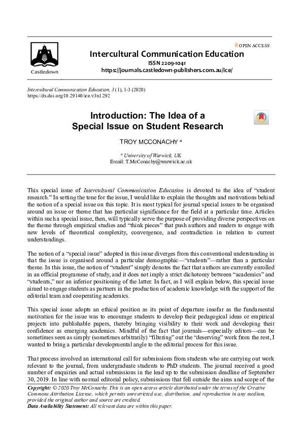 (PDF) McConachy, T. (2020). Introduction: The Idea of a Special Issue ...