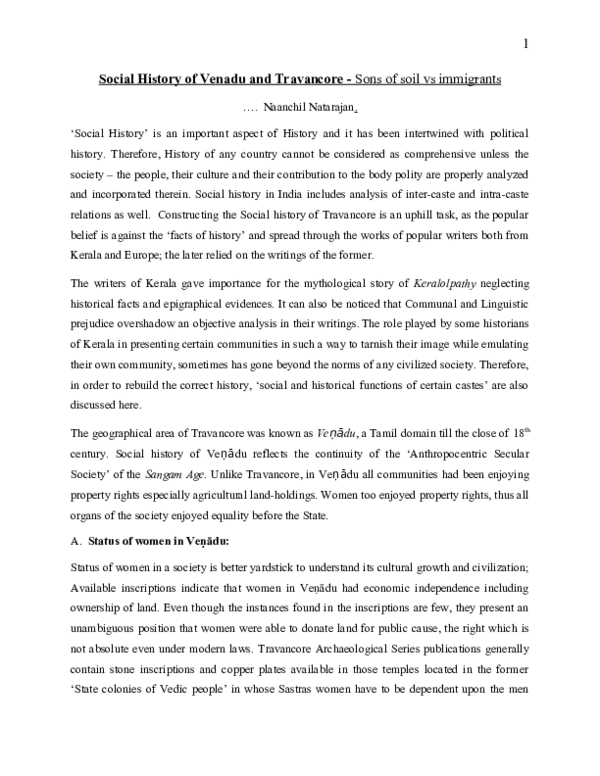 (DOC) Social History of Venadu and Travancore - Sons of Soil Vs Immigrants