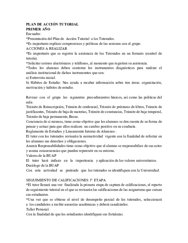 (PDF) PLAN DE ACCIÓN TUTORIAL PRIMER AÑO Encuadre: *Presentación del