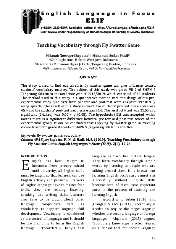 (PDF) Teaching Vocabulary through Fly Swatter Game