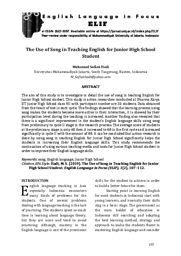 (PDF) The Use of Song in Teaching English for Junior High School Student