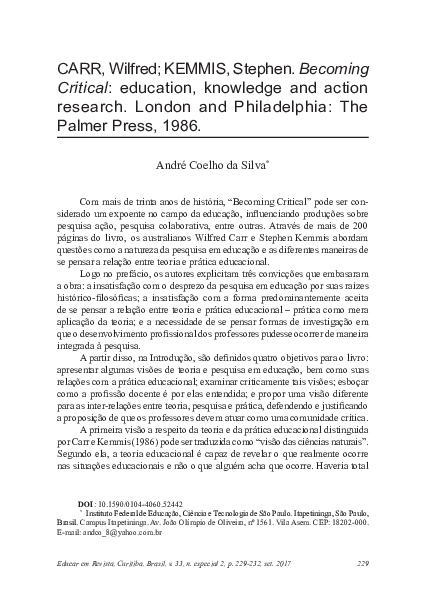 (PDF) Resenha do livro CARR, Wilfred; KEMMIS, Stephen. Becoming ...